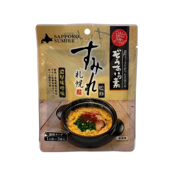 札幌ラーメンの名店、すみれ監修の雑炊の素。豚肉と香味野菜の旨味、濃厚スープでがつんとした味が楽しめます。ごはんとお好みの具材ですぐできる！豆腐を入れて味噌チゲとしてもお楽しみいただけます。内容量：雑炊のもと（液体スープ）60ｇ（20ｇ×3食...