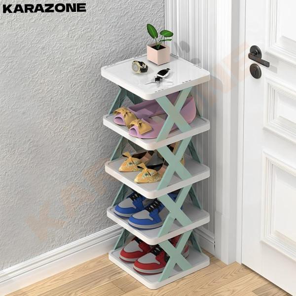 【スリム・省スペース】この縦長なシューズラックは専門に狭い場所に対応したの設計です。「サイズ：24*26*67cm」玄関、寝室、バスルーム、デパートの僅かな隙間などの場所に置くことができ、部屋をすっきり見せます。【大容量・積み重ね可能】5段...