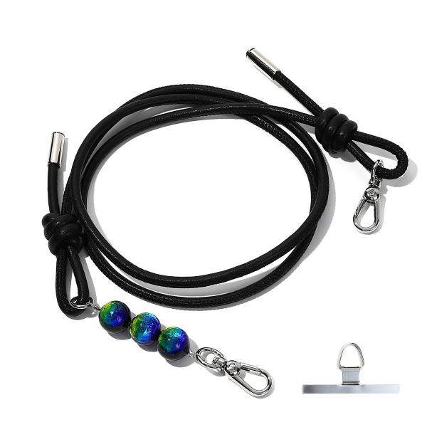 【商品仕様】サイズ：全長約130〜70cm/紐幅5mm/重さ約55g/カラー：ブラック/ホタルガラス：ケラママリン 16mm玉/金具カラー：シルバー/ 長さは135cmまで簡単に調節可能で、大人から子供まで様々な身長に対応できます。【蓄光素...