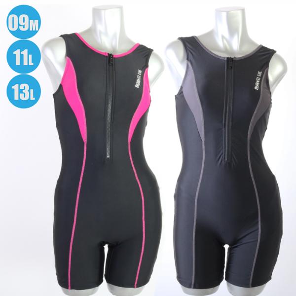 ジムやスイミングスクールでの着用に最適のレディース・フィットネス水着☆お腹まわり・太腿部分内側のストレッチ裏地でボディラインを補整しスッキリシルエットに見せます◎人気の高いオールインワン/袖なし/ハーフZipタイプ。プールへの差し込み光など...