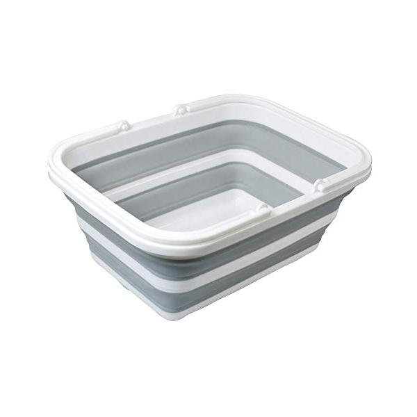 【商品概要】【サイズ(約)】38.5×28.7cm 高さ:5.5〜17cm【容量(約)】8.5L【カラー】ホワイト×グレー【素材】ポリプロピレン、TPE【生産国】中国【たたんで伸ばしてどこでも大活躍♪】ぐっと一押しでぺったんこ！片付け場所に...