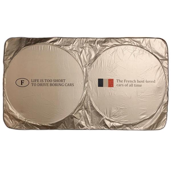 【商品概要】●カーマニアにおなじみのビークルＩＤプレート（Fマーク）と国旗を上品にあしらったサンシェードです。 左側はビークルＩＤプレートマークと古くからのカーマニアの名言である「LIFE IS TOO SHORT TO DRIVE BOR...