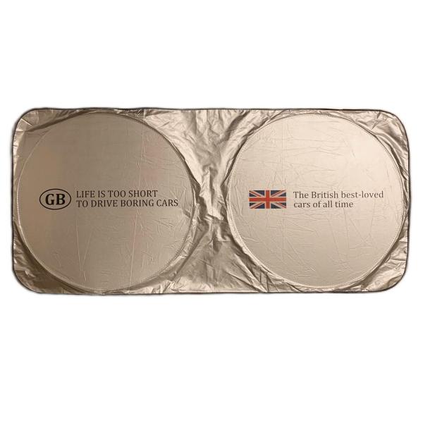 【商品概要】カーマニアにおなじみのビークルＩＤプレート（GBマーク）と英国旗（ユニオンジャック）を上品にあしらったサンシェードです。 左側はビークルＩＤプレートマークと古くからのカーマニアの名言である「LIFE IS TOO SHORT T...