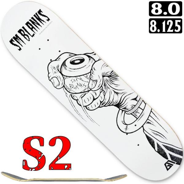 SMBLANKS（エスエム）のSMハンド白デザインデッキ【しっかりプレス S2】です。8.0、8.125 からお選び下さい。S2は、通常のしっかりプレスよりコンケーブを控えめにし、癖を減らしていますが、ノーズキックは強いままなので、擦り上げ...
