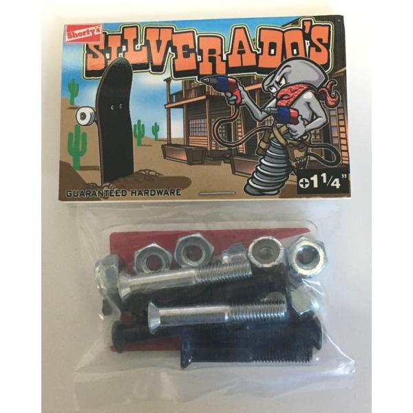 Shorty's（ショーティーズ）の“SILVERADOS 1.25 + ”です。デッキとトラックをつなぐためのネジとナットです。銀ネジ２本、黒ネジ６本、銀ナット８個のセットになります。1.25インチですので、6mmライザーを入れる際に丁度...