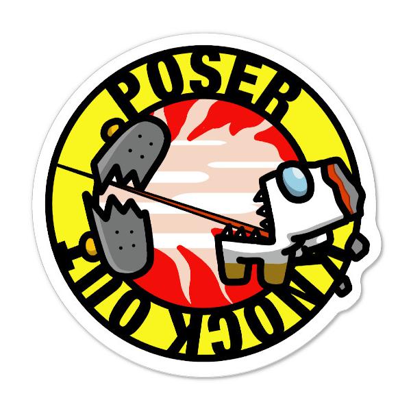 ぽーざーノックアウト ステッカーです。（いうても、その辺のガチスケーターも最初は生まれたての小鹿だったんですけどね）サイズ 縦8.5m × 横8.8cm です。強粘着で湿気に強いです。