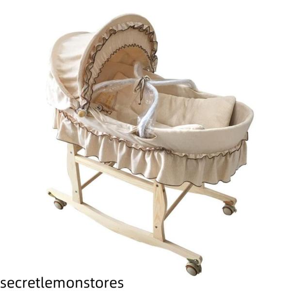 【製品仕様】重量/約7kg 荷重/約30Kg サイズ/上の図に示す【セット内容・付属品】 前掛け、布団、海綿敷、日遮る棚、枕、蚊帳、木製クレードルボトムサポート、ホイール【配件材質】バスケット：トウモロコシの殻と麦わら 生地：純綿生地 マッ...