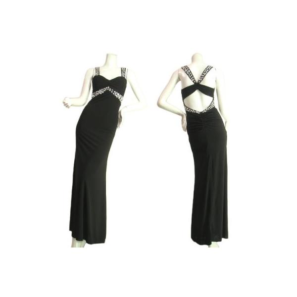 ブラックベースのエレガントなロングドレス。ビジューが沢山デコレーションされ、とてもゴージャス。少しマーメイドラインなので、しなやかで美しく見えるデザインです。背中のカットも綺麗で大変セクシーです。パーティードレスや二次会、結婚式にも。ブラパ...