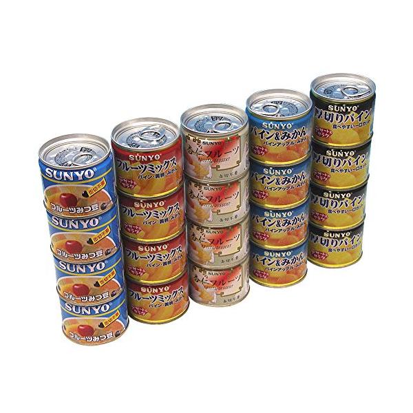 「商品情報」食べきりサイズのフルーツ缶をバラエティに詰合せ！フルーツ缶詰の老舗サンヨー堂の、バラエティセットです。5種類・計20缶セット。賞味期限3年の缶詰なので腐る心配もなく、いつでも手軽召し上がれます。冷蔵庫で冷やしてそのまま食べるのは...