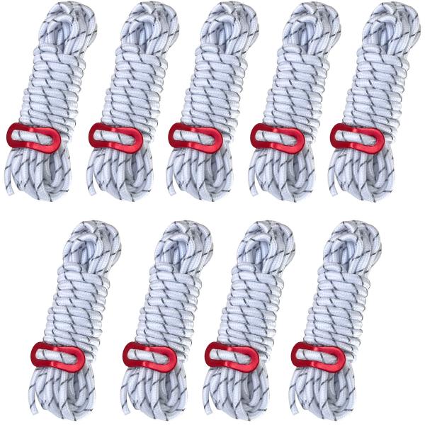 ロープ本体のカラーはホワイト、反射材はグレー、自在金具はレッドのシンプルなガイロープです。アウトドアやキャンプ等で様々なテントやタープなどにご使用いただけます。幅は5mmありますのでご使用時は径をご確認下さい。長さを自由に調節可能なアルミ合...