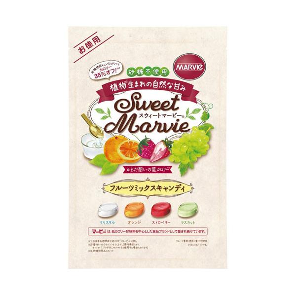 [ 商品説明 ]マービー甘味料を使用したキャンディ。クリスタル、オレンジ、ストロベリー、マスカットの4味が1袋に入ったお徳用サイズです。カロリー35％カット（砂糖使用品と比較して）/砂糖不使用/個包装/フルーツ香料使用／無果汁[ 原材料 ]...