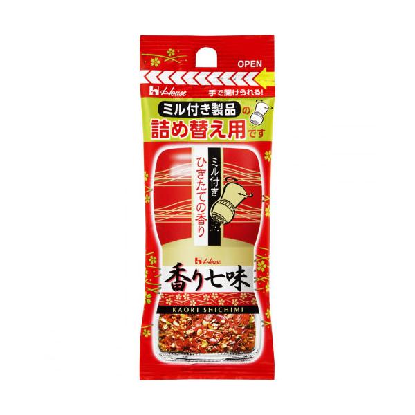 [ 商品説明 ]手で開けられ、詰め替えやすい開け口を採用しています。香り七味（ミル付）びん入りの詰め替え用としてお使いください。[ 原材料 ]唐がらし、ごま、山椒、陳皮、けしの実、青のり、しょうが
