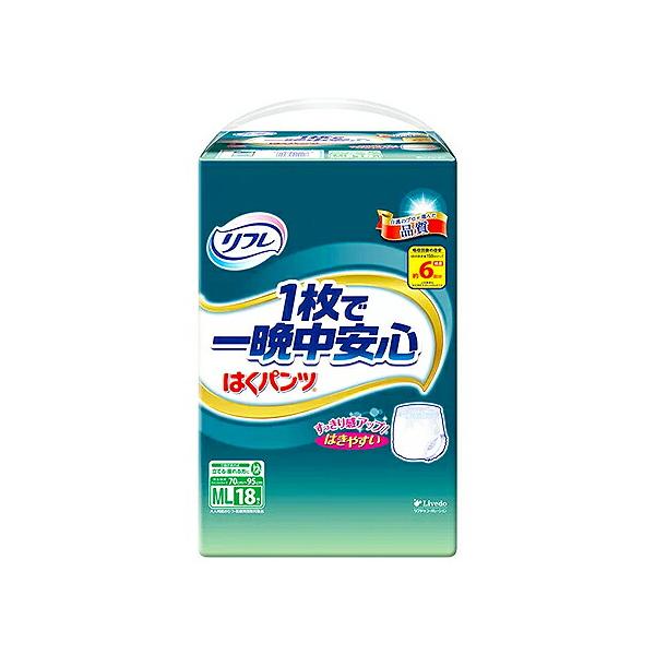 １枚はくだけで夜も安心の吸収力！おしっこ6回分吸収（1回の排尿量150ml※当社測定方法）・介助があれば立てる・座れる方に ■商品名　 はくパンツ １枚で一晩中安心 MLサイズ■ウエストサイズ　 70cm〜95cm■袋入数　 18枚■ケース...