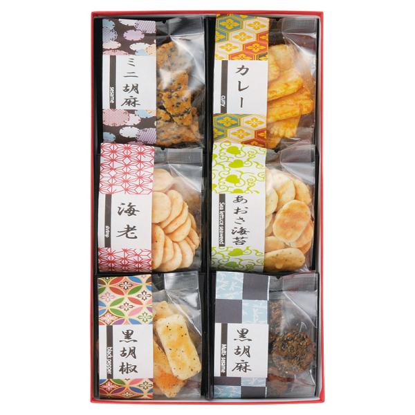 一口サイズのお煎餅詰合せ。色々な味をお楽しみいただけます。●パッケージ：化粧箱●パッケージサイズ：約290×175×55mm●内容：海老（20g）・あおさ海苔（20g）・黒胡麻（20g）・黒胡椒（20g）・ミニゴマ（20g）・カレー（20g...