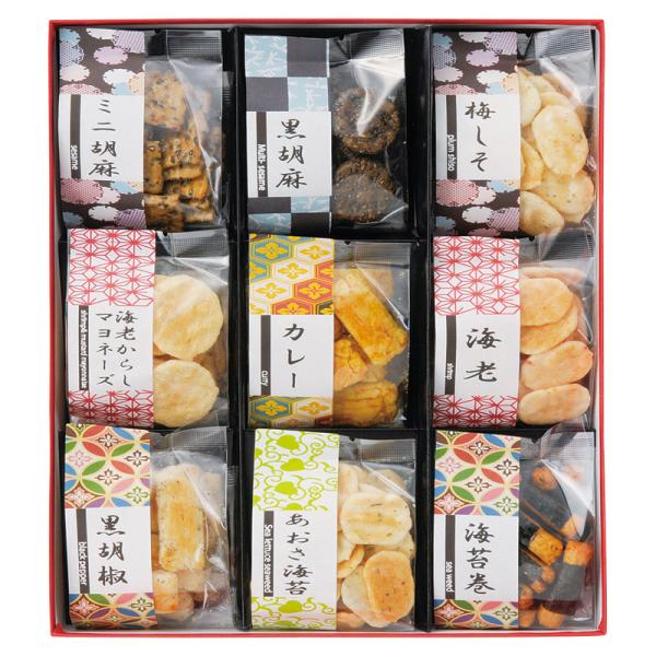 一口サイズのお煎餅詰合せ。色々な味をお楽しみいただけます。●パッケージ：化粧箱●パッケージサイズ：約290×260×55mm●内容：海老（20g）・あおさ海苔（20g）・黒胡麻（20g）・黒胡椒（20g）・ミニゴマ（20g）・カレー（20g...