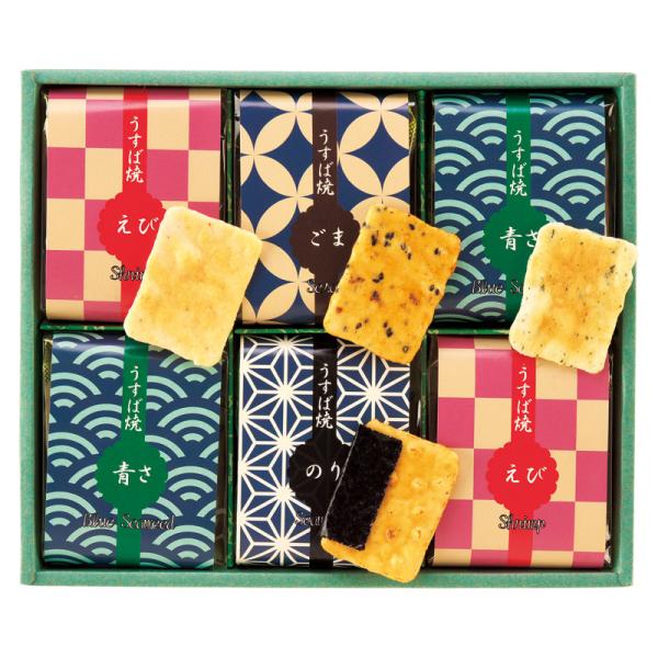 うす〜い生地をサッと焼き上げることで、香ばしいお米の風味とパリっとした食感になりました。第16回菓子博覧会にて高松宮名誉総裁賞受賞。●パッケージ：化粧箱●パッケージサイズ：約220×260×55mm●内容：海老・あおさ海苔（各8枚入）×各2...