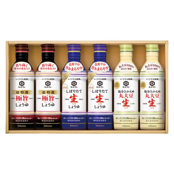 ●パッケージ：化粧箱●パッケージサイズ：約243×433×76mm●内容：しぼりたて生しょうゆ（450ml）・超特選極旨しょうゆ（450ml）・塩分ひかえめ丸大豆生しょうゆ（450ml）×各2●重量：約3.7kg●アレルギー：小麦※製品リニ...