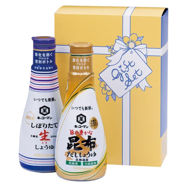 ●パッケージ：化粧箱●パッケージサイズ：約67×135×190mm●内容：キッコーマンしぼりたて生しょうゆ（200ml）・キッコーマン旨み豊かな昆布だししょうゆ（200ml）×各1●重量：約595g●アレルギー：小麦※製品リニューアルにより...