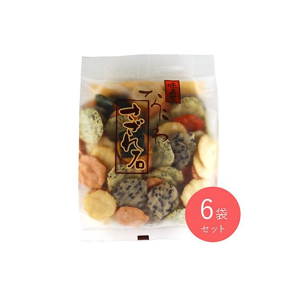 6種類の味付けをした薄焼きの小丸せんべいです。