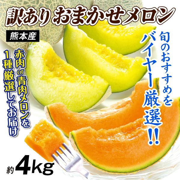 ●商品情報　火と水の国、名産地熊本のその時期一番旬の青肉または赤肉メロンを、一品種厳選してお届けします。●産地　熊本県●規格・サイズ　-●入数の目安　2〜8玉（計約4kg）●配送形態　段ボール箱●配送温度　常温便●備考　【品種指定不可】お届...