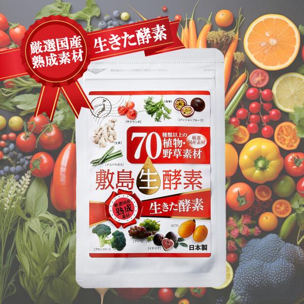 【商品名】敷島生酵素【名称】植物発酵エキス含有食品【原材料】植物発酵エキス／ゼラチン、着色料(酸化チタン)【内容量】30g［1粒重量293mg(1粒内容量230mg)×60粒］