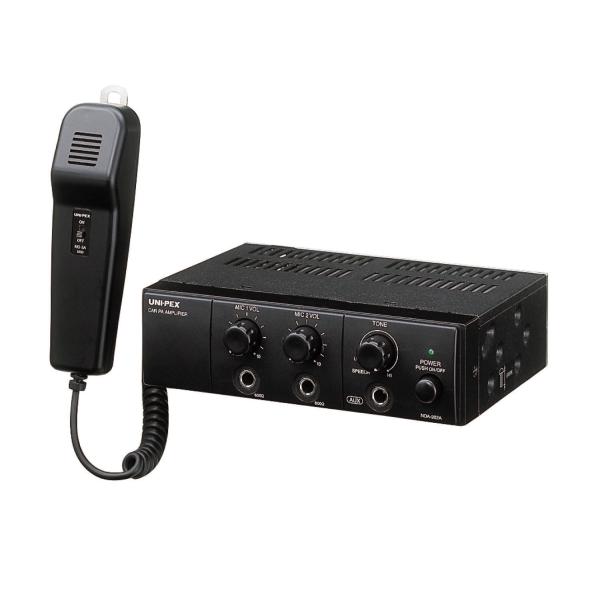 12V電源用DINタイプですから、ダッシュボード内にすっきり組み込めます。またダッシュボードの下など、わずかなスペースへの取り付けも簡単です。●マイク２回路と予備入力回路を備えています。それぞれのミキシング放送が可能です。●放送音質の調節は...