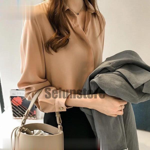 ブラウス レディース オフィス 長袖 襟付き vネック シフォン 大きい