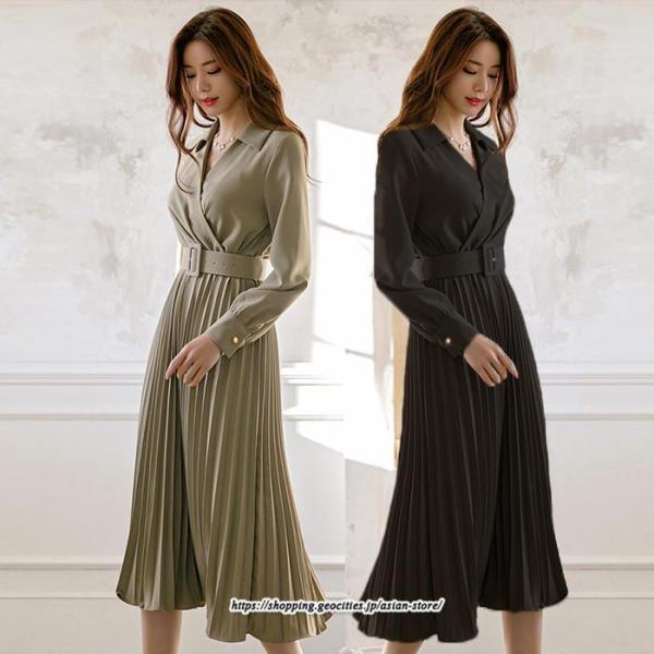 ワンピース レディース プリーツ プリーツワンピース 長袖 ひざ下丈