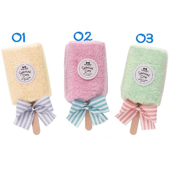 ミルク2個・ミント1個限定にて特価です。（ストロベリーは完売しました）もらって嬉しいプチギフト・アイスキャンディータオルストライプのリボンがキュートで爽やかなアイスキャンディー型タオル。夏のウェディングにピッタリです。ハンドタオル1枚入りで...