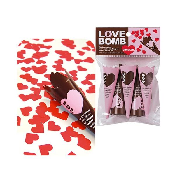 6袋限定で特価です。パーティーに必須アイテムクラッカー・LOVE BOMEラブボムクラッカー（5個入り）オトナ可愛い本体デザインが女性に大人気！真っ赤なハート型紙吹雪が飛び出す超キュートなクラッカーです。約1.5cm、赤いハート型の紙吹雪が...
