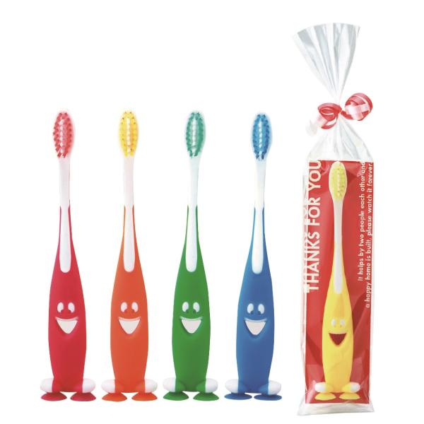 残り55個で完売です。（再入荷はございません）喜ばれるプチギフト・サンキュー歯ブラシ　1本歯ブラシ1本入り1袋です。色の指定は出来ません。複数ご注文の場合は均等にご用意致します。ニコニコ笑顔のスマイリー君は吸盤付きでぺたんと立ってくれます。...