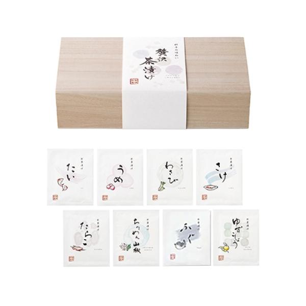 喜ばれる引菓子・料亭の味わい　贅沢茶漬け木箱セットシンプルなお茶漬けで贅沢な時間を堪能して欲しい。贅沢たい茶漬け5g×1・贅沢うめ茶漬け5g×1・贅沢わさび茶漬け5g×1・贅沢さけ茶漬け6g×1・贅沢たらこ茶漬け5g×1・贅沢ちりめん山椒茶...