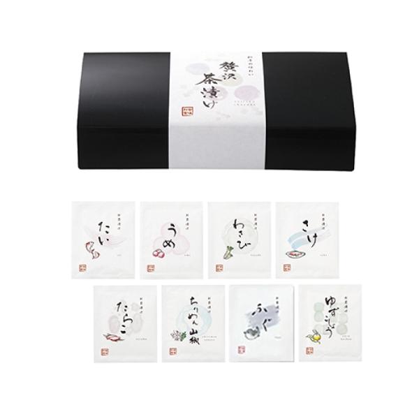 喜ばれる引菓子・料亭の味わい　贅沢茶漬け　黒シンプルなお茶漬けで贅沢な時間を堪能して欲しい。贅沢たい茶漬け5g×1・贅沢うめ茶漬け5g×1・贅沢わさび茶漬け5g×1・贅沢さけ茶漬け6g×1・贅沢たらこ茶漬け5g×1・贅沢ちりめん山椒茶漬け5...