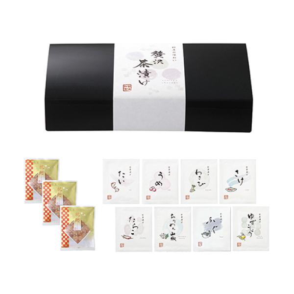 喜ばれる引菓子・料亭の味わい　贅沢茶漬け鰹節　黒シンプルなお茶漬けで贅沢な時間を堪能して欲しい。贅沢たい茶漬け5g×1・贅沢うめ茶漬け5g×1・贅沢わさび茶漬け5g×1・贅沢さけ茶漬け6g×1・贅沢たらこ茶漬け5g×1・贅沢ちりめん山椒茶漬...