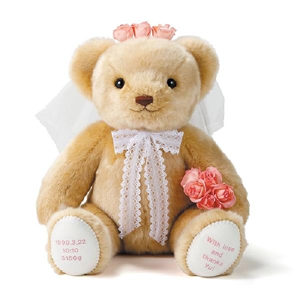 結婚披露宴演出にプレゼントに人気のウェイトドール思い出と感謝のサプライズ・生まれた時の体重ベア・キャメリーマリアージュ女の子　固定文パターン刺繍糸は女の子はピンクカラーです。固定メッセージは3種類からお選び頂けます。お名前はローマ字（ブロッ...