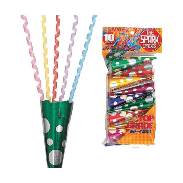 パーティーに必須アイテムクラッカー・スパーククラッカー10個入5色紙テープタイプです。鳴らす時、手に持ちやすいスリムボディ。テープが本体から離れて飛んでいきます。 【商品内容】●内容/スーパークラッカー10個入り1袋●商品サイズ/220×1...