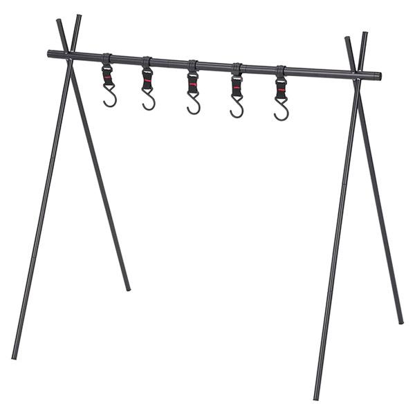 アウトドアで小物や調理器具を吊り下げるのにオススメな、アウトドアハンガーラックです。フレームの接続箇所がコードで繋がれており、組み立て簡単。便利な収納袋付きです。商品サイズ(約)：使用時/幅77.5×奥行き56×高さ71cm　収納時/幅7×...