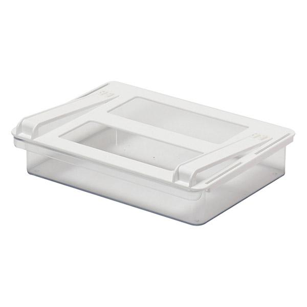 棚板に取り付けて、棚下スペースを有効活用。冷蔵庫の中で散らかりがちな小物や調味料、バター・チーズなどをまとめて収納できます。厚さ11cmまでの棚板に使えます。商品サイズ(約)：幅270×奥行195×高さ70mm耐荷重：約0.5kg材質：本体...