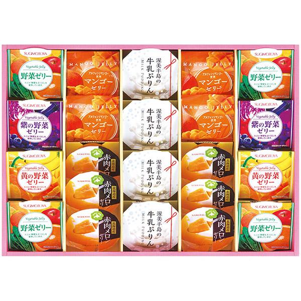 フレッシュなゼリーと牛乳ぷりんの詰合せです。セット内容：ベジタブルゼリー(野菜×4・紫の野菜×2・黄の野菜×2)各58g、牛乳ぷりん58g×4、赤肉メロンゼリー58g×6、マンゴーゼリー57g×4サイズ：縦290×横403×高さ65mm食品...