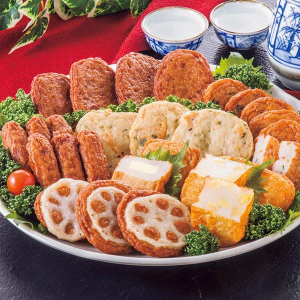 自家製のすり身に南薩摩の地酒と豆腐を混ぜ込んださつま揚げです。セット内容：棒天6本、つけあげ天4枚、磯の香天・れんこん天各3枚、さつま芋天・チーズ天各2枚、野菜丸6枚サイズ：縦260×横190×高さ40mm食品アレルギー特定原材料使用：乳,...