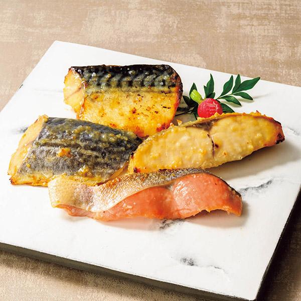 特製の味噌床と氷温熟成製法で素材の旨みを引き出した西京漬の詰合せです。セット内容：銀ひらす・銀鮭・鯖各60g×各2、さわら70g×2サイズ：縦265×横410×高さ45mm食品アレルギー特定原材料使用：さけ,さば,大豆各種条件：簡易包装/冷...