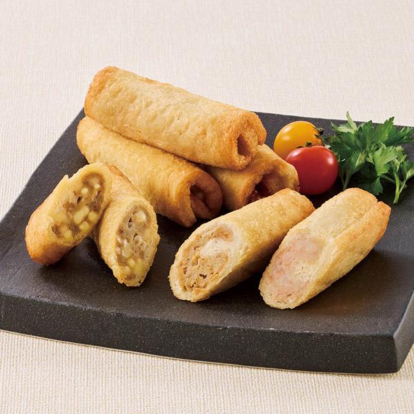 長崎名物ハトシロール！プレーンとチーズは、長崎産アジすり身を主原料に牛・豚ミンチ、玉ねぎを加え、パンでロール状に巻いて、油で揚げました。海老は白身魚のすり身をベースに海老を加えました。プレーンとチーズと海老の3タイプの詰合せ。解凍後、オーブ...