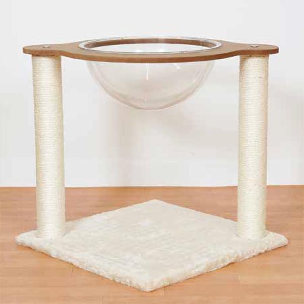 かわいい肉球が見える透明ボウル付きのキャットタワー。工具不要の組立式。商品サイズ(約)：幅45×奥行45×高さ48cm透明ボウルの直径(約)：30cm材質：ポリエステル、パーティクルボード、紙、麻、金属(鋼)、PET、MDF表面加工：めっき...