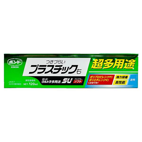 屋内・屋外・凹凸面・水回りでの接着と補修に●つきづらいプラスチックも接着●水・熱・衝撃に強い●屋外でも使える●耐熱温度：-30℃〜80℃●無溶剤で環境に優しい種類：化学反応形系接着剤正味量：120ml成分：シリル化ウレタン樹脂(100%)