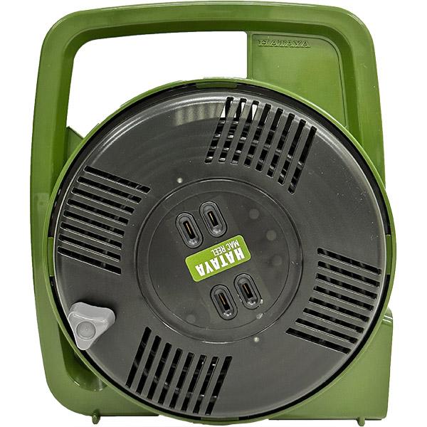 バーベキューやキャンプなどに最適な屋内用リール8mちょっとした時に便利な屋内用コードリールです。温度センサー付商品サイズ(約)：幅187×奥行84×高さ215mm質量(約)：0.95kgカラー：オリーブグリーン電線長：8m製品定格：125V...