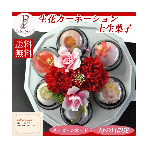 母の日ギフト スイーツ 和菓子 上生菓子 生花カーネーションセット美しさ、風流さ、口当たりのよさから、上品な上生菓子 練りきり 雪平 饅頭。オリジナルメッセージカードをお付けしてお届けします。母の日 カーネーション スイーツ お届けは、母の...