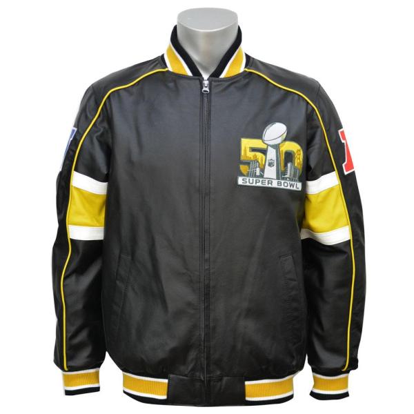 NFLのオフィシャルライセンスプロダクトを手掛ける「G-III(ジースリー)」の本革ジャケット。スーパーボウル50周年を記念して作られたメモリアルアイテムです。バックには大きく50周年記念ロゴ、左アームにNFCロゴ、右アームにAFCロゴの刺...