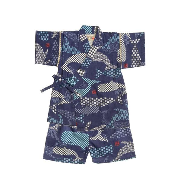 くじら柄の可愛い甚平地域のお祭りやイベント・花火大会など夏の風物詩にぴったり普段のお出かけやお散歩にもＯＫパジャマとしても寝汗を吸収してくれるからおすすめ帰省や旅行にもぴったり【デザイン】セパレート【カラー】ネイビー【サイズ】80cm/90...