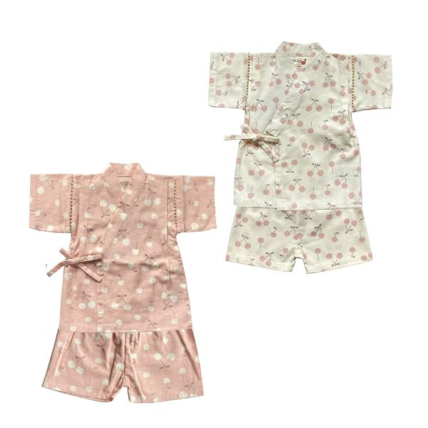 夏と言ったら甚平！可愛いさくらんぼ柄の甚平は流行りのくすみカラー仕立て汗っかきのベビーにぴったりなコットン素材地域のお祭りやイベント・花火大会など夏の風物詩にぴったりな甚平です普段のお出かけやお散歩にもＯＫパジャマとしても寝汗を吸収してくれ...