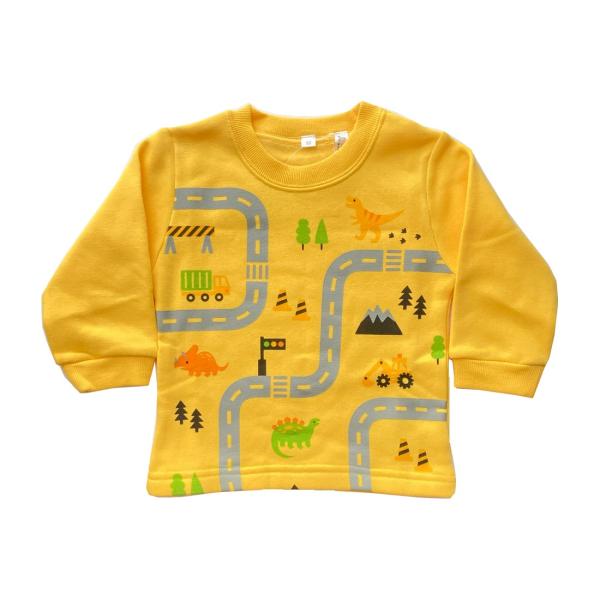 可愛いイラストがプリントされたトレーナー裏起毛であったかいから寒い季節にぴったり原色のお洋服は元気いっぱい男の子に人気です【デザイン】裏起毛トレーナー【カラー】イエロー【サイズ】80/90/95【素材】本体：ポリエステル75%/綿25％リブ...